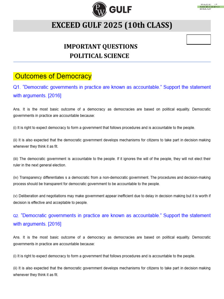 Political science Important Questions | PDF | Democracy | Political ...