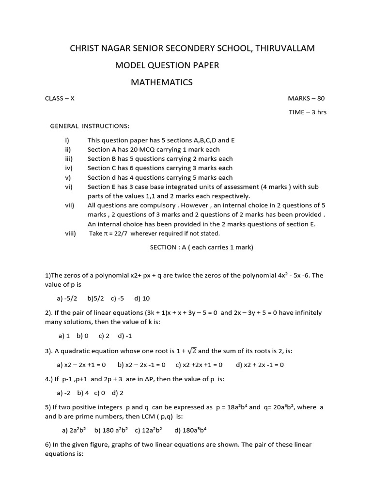 Model Question Paper Class 10 PDF | PDF | Zero Of A Function | Euclidean Geometry