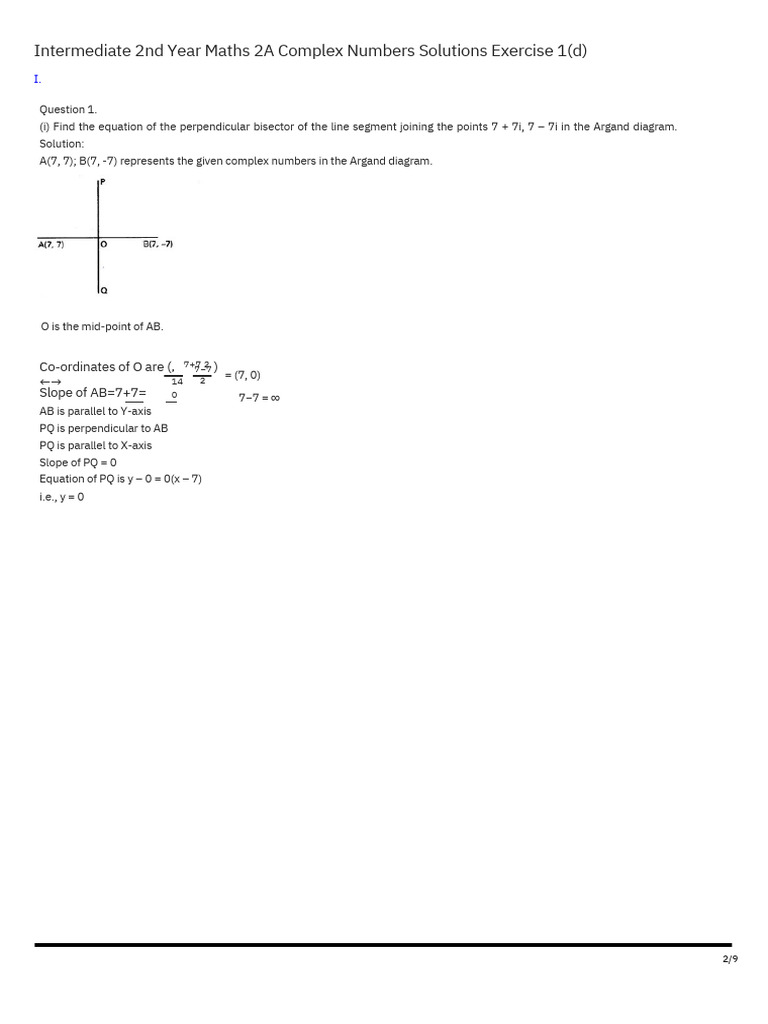 Intermediate 2nd Year Maths 2A Complex Numbers Solutions Exercise 1 (D) | PDF | Line (Geometry ...