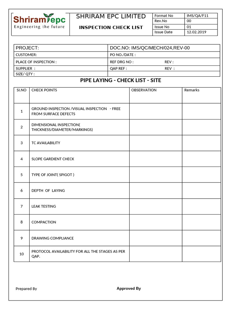 IMS Pipe Fabrication Inspection Checklist | PDF