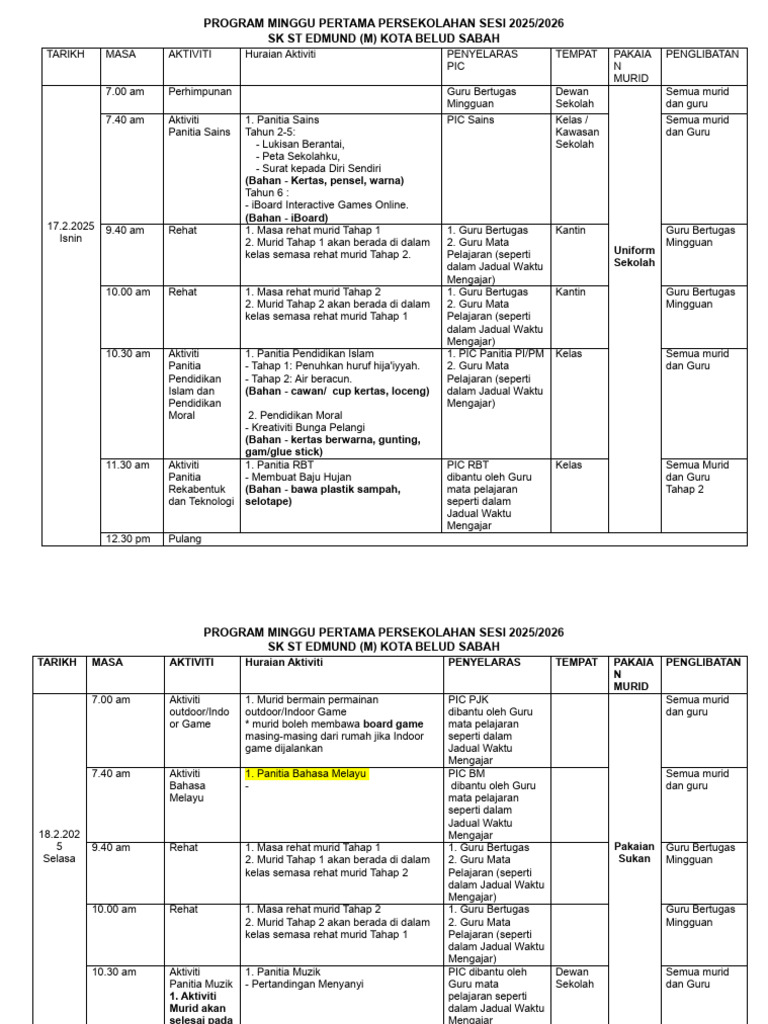 PROGRAM MINGGU PERTAMA PERSEKOLAHAN SESI 2025 | PDF