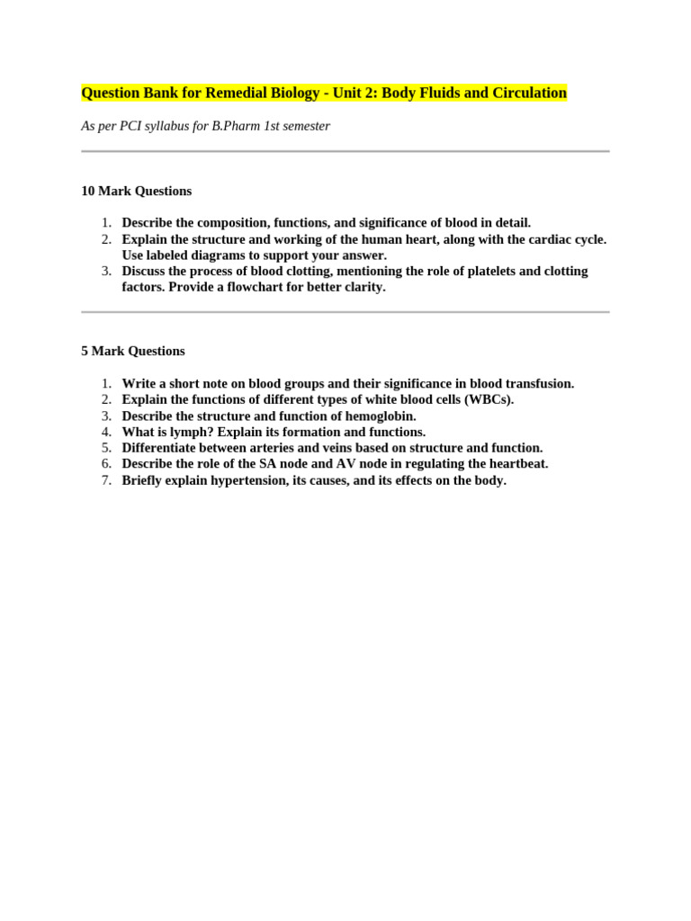 Remedial Biology Question Bank | PDF