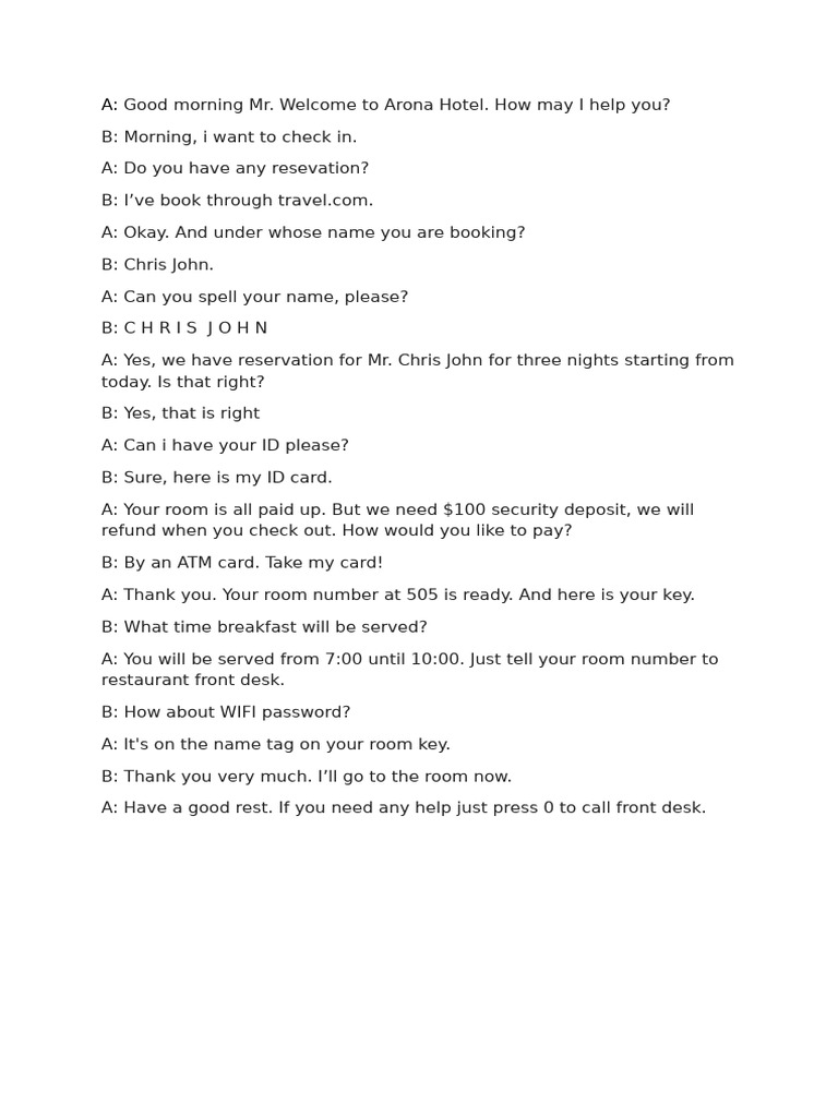 Hotel Check-In Dialogue | PDF