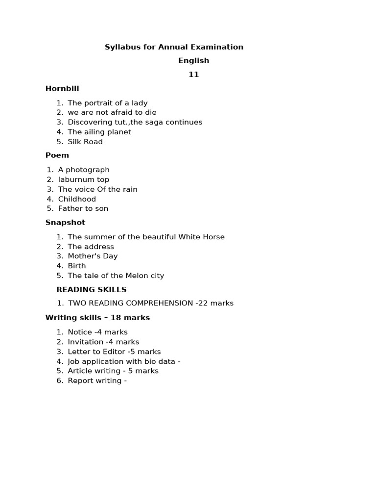 English Syllabus For Annual Examination Class 11 | PDF