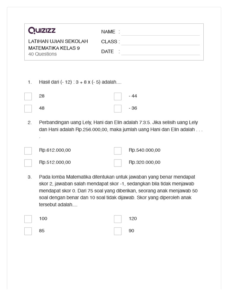 LATIHAN UJIAN SEKOLAH MATEMATIKA KELAS 9 | PDF