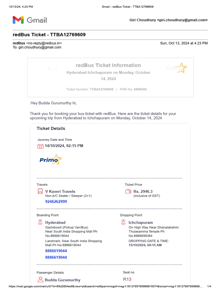 Gmail - RedBus Ticket - TTBA12769609 | PDF | Bus | Transport