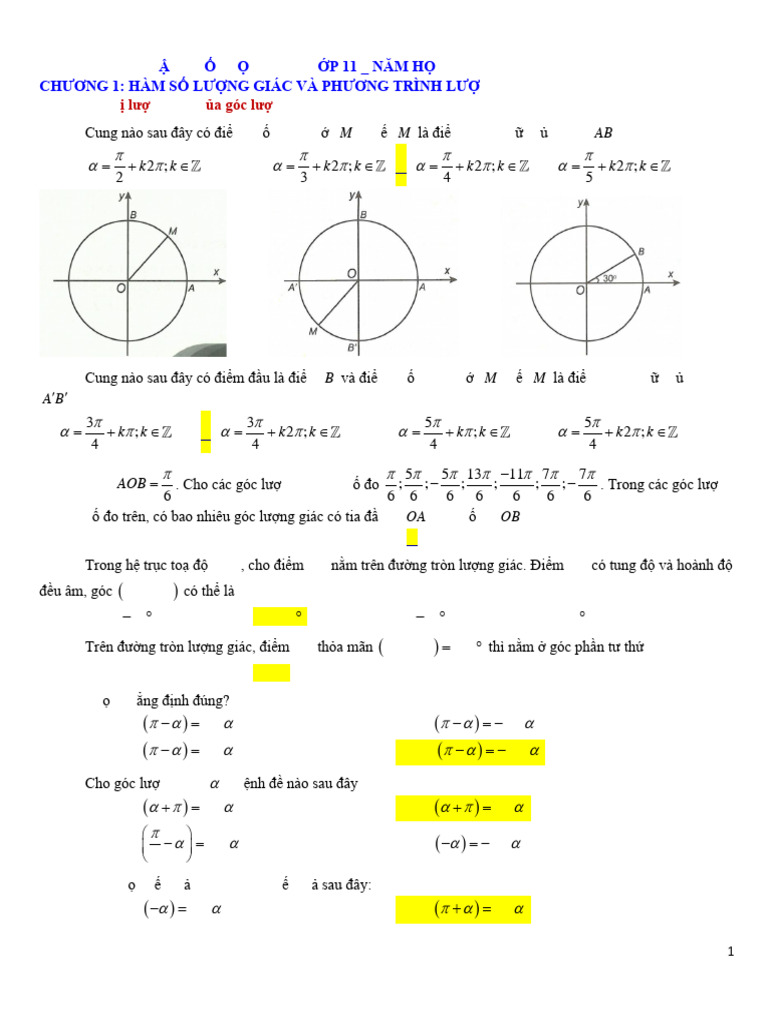 On Tap Cuoi HK1 - Lop 11 - 23 24 - Luong Giac - Dap An | PDF