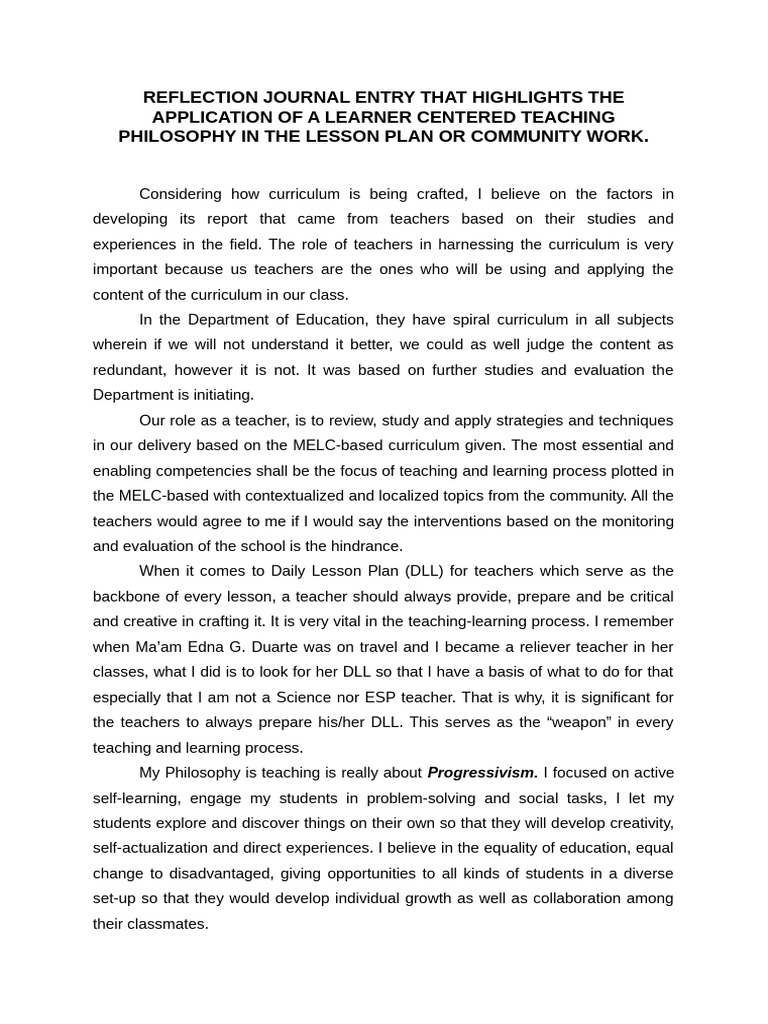 Reflection Journal Entry That Highlights The Application of A Learner ...