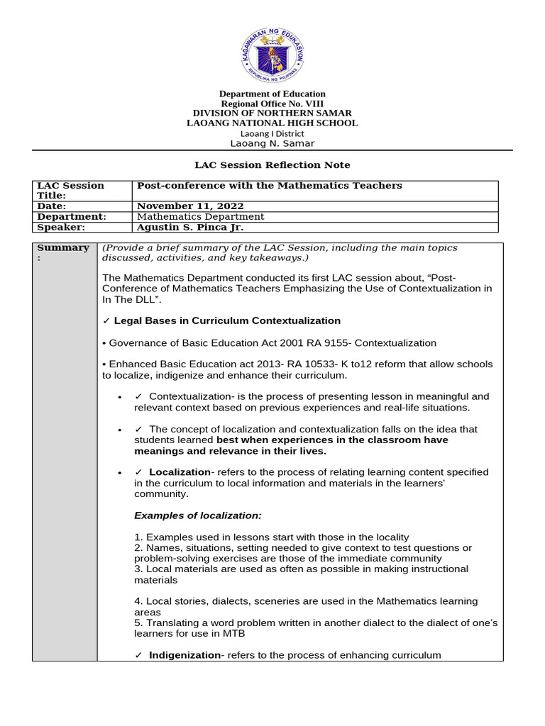 LNTHS LAC Reflection Notes | PDF | Curriculum | Teachers