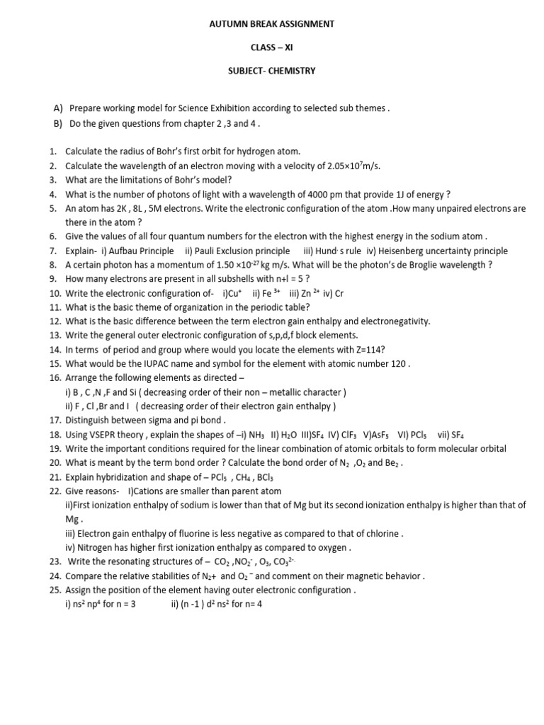 Autumn break assignment - CLASS XI BBK 2024 | PDF | Electron Configuration | Periodic Table