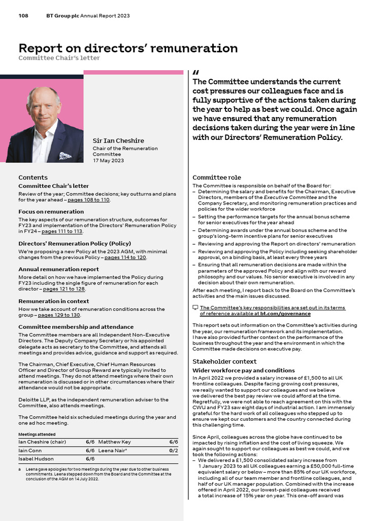 2023 BT Group Annual Report Directors Remuneration | PDF | Cost Of Living | Salary