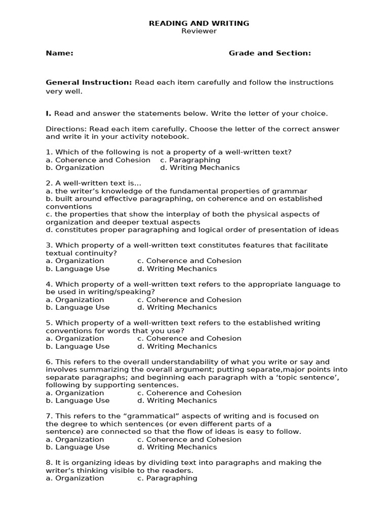 Reading and Writing Reviewer | PDF