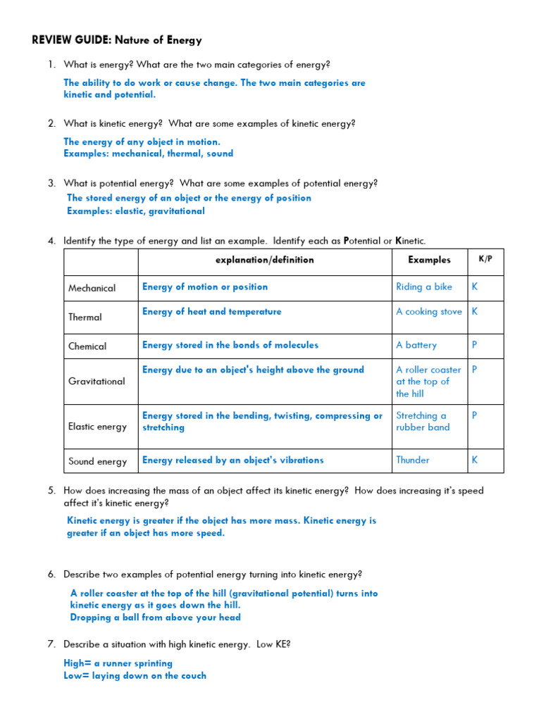 4 Review+Guide Nature+of+Energy+KEY | PDF | Kinetic Energy | Potential ...