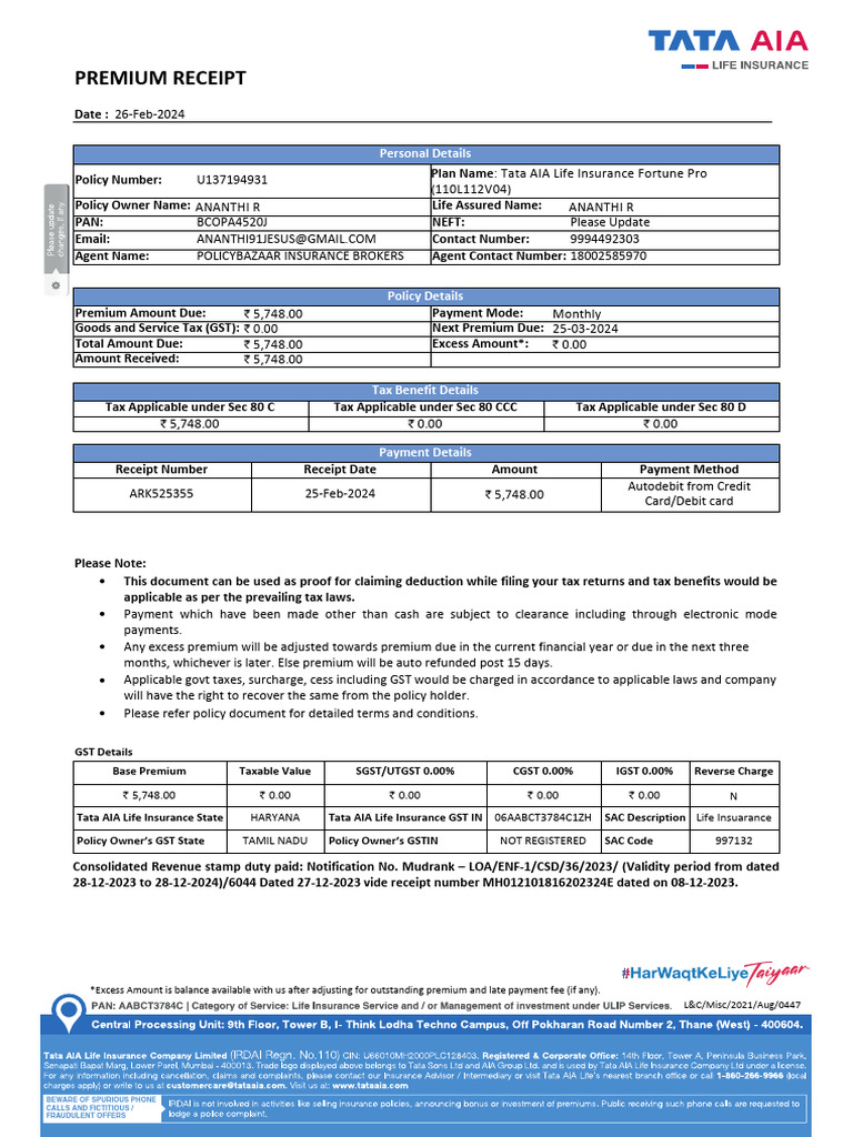 Insurance Premium Receipt Notice | PDF | Insurance | Life Insurance