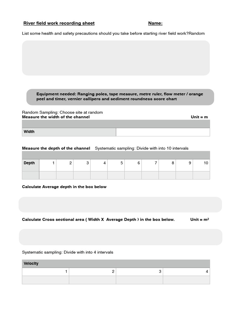 River Field Work Recording Sheet | PDF | Discharge (Hydrology ...