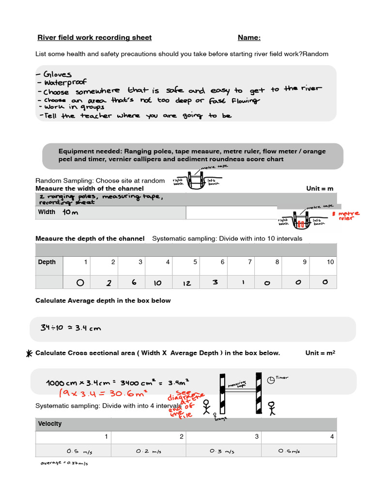 Completed River Field Work Recording Sheet | PDF | Discharge (Hydrology ...