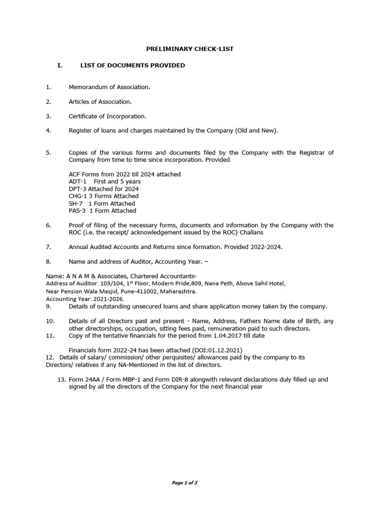 Preliminary Checklist To Email | PDF | Corporations | Business Law