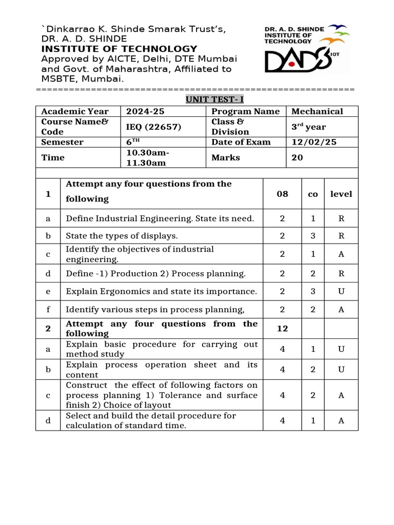 IEQ with co Class Test Question Paper-I (1) | PDF