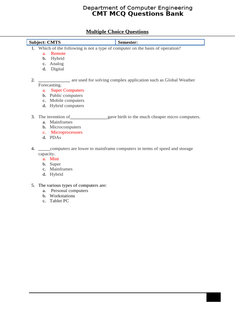 CMT MCQ Questions for Computer Engineering | PDF | Computer Data ...
