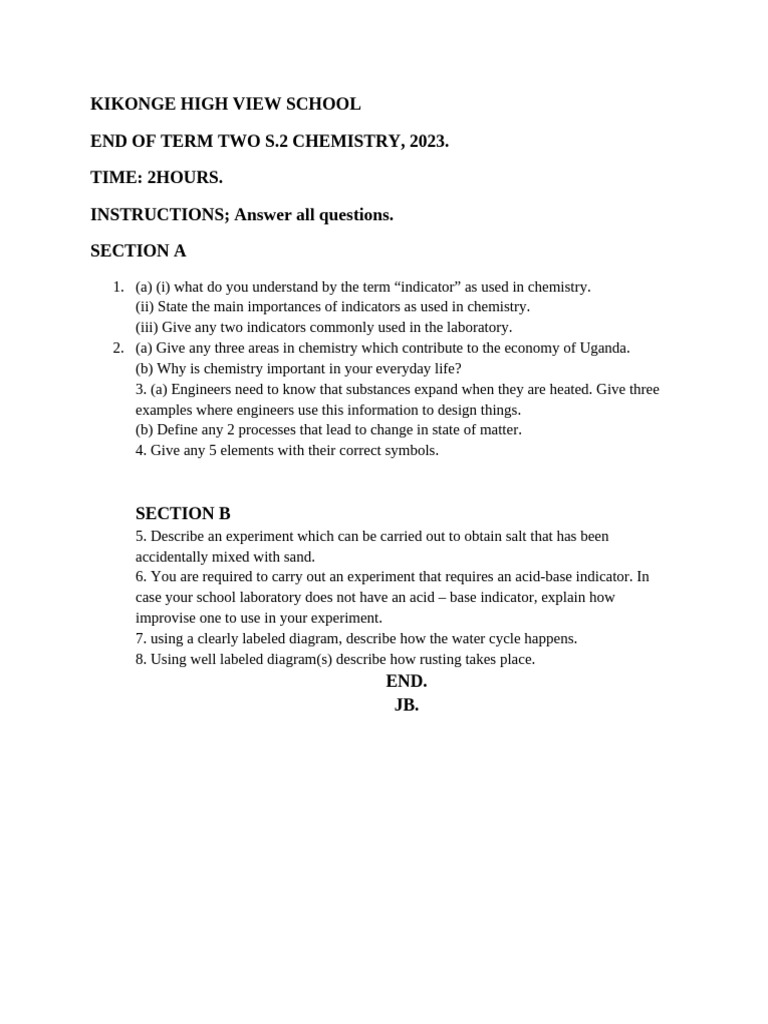 s.2 chemistry end of term one | PDF