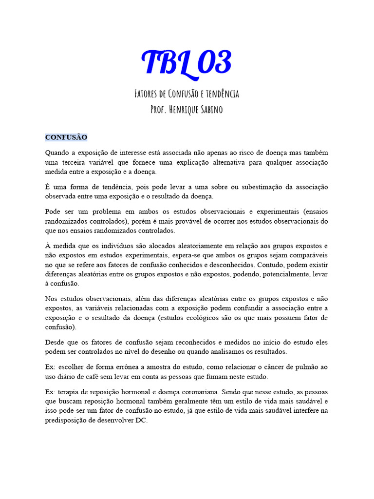 TBL 03 UC13 - Fatores de Confusão e Tendência | PDF | Variável de confusão | Câncer