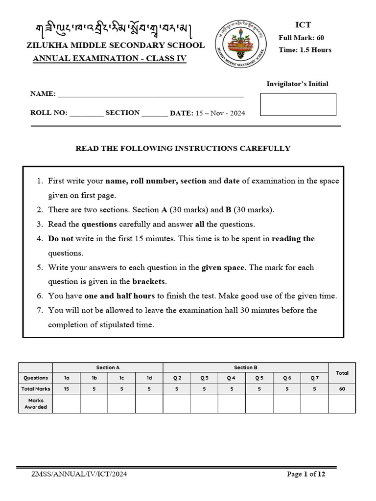 Zilukha School Class IV ICT Exam 2024 | PDF | Control Flow | Computing