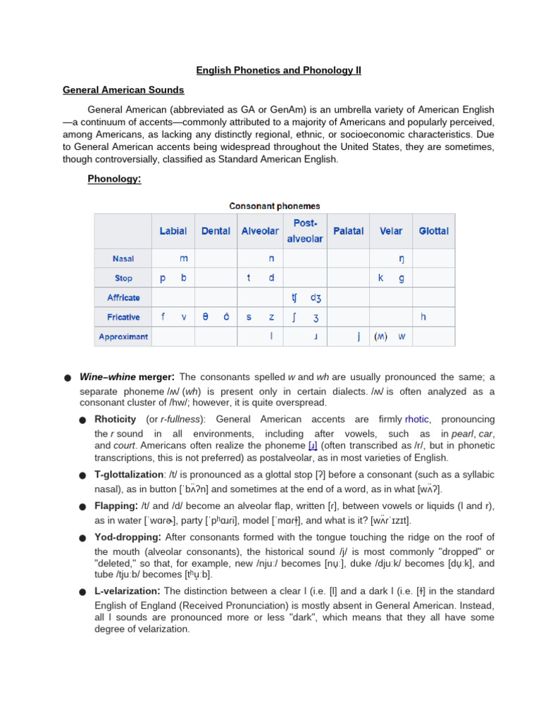 General American Phonetics Overview | PDF | Consonant | Vowel