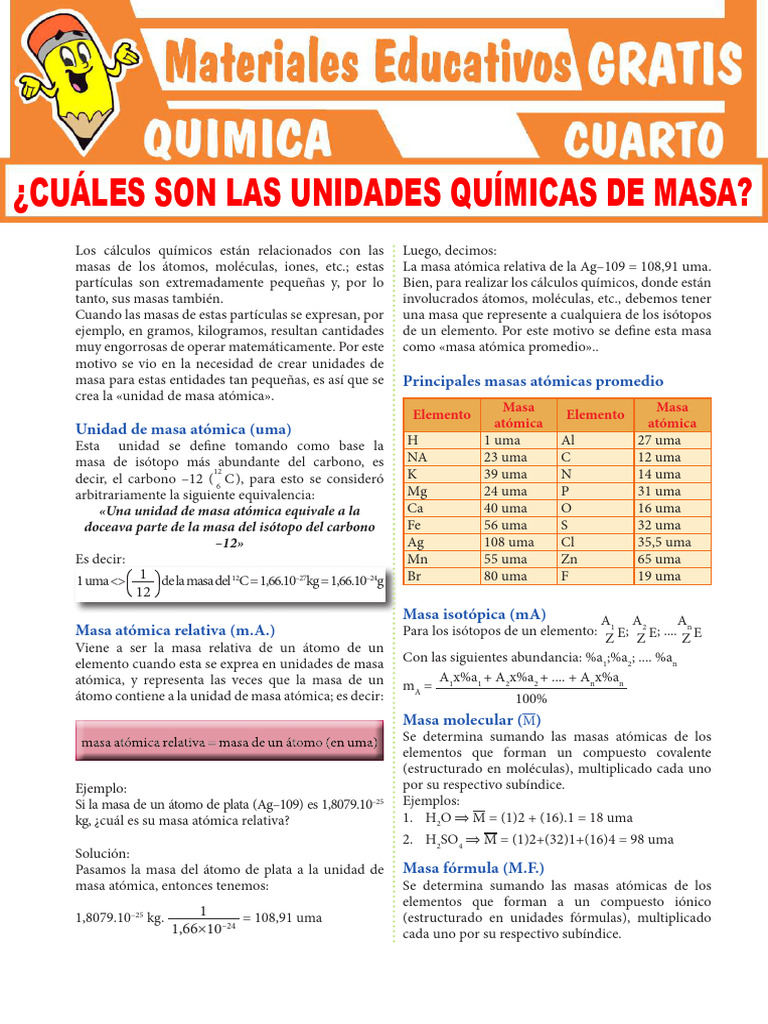 Cuáles Son Las Unidades Químicas de Masa Para Cuarto Grado de Secundaria | PDF | Mole (Unidad ...