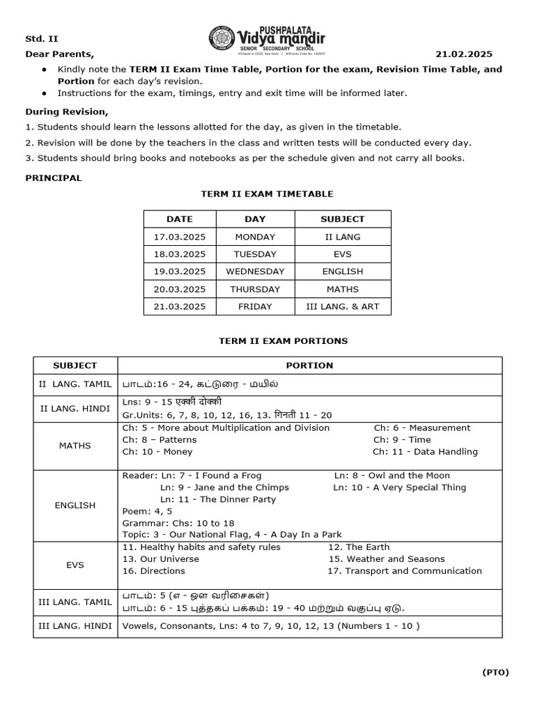 Std. II Term II Exam Time Table and Portions | PDF | Syntax | Linguistics