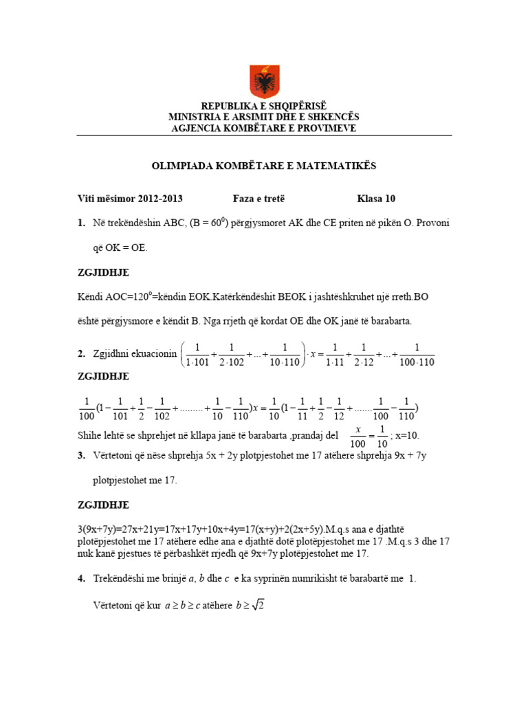 Olimpiada e Matematikes Faza e Trete Klasa 10 | PDF