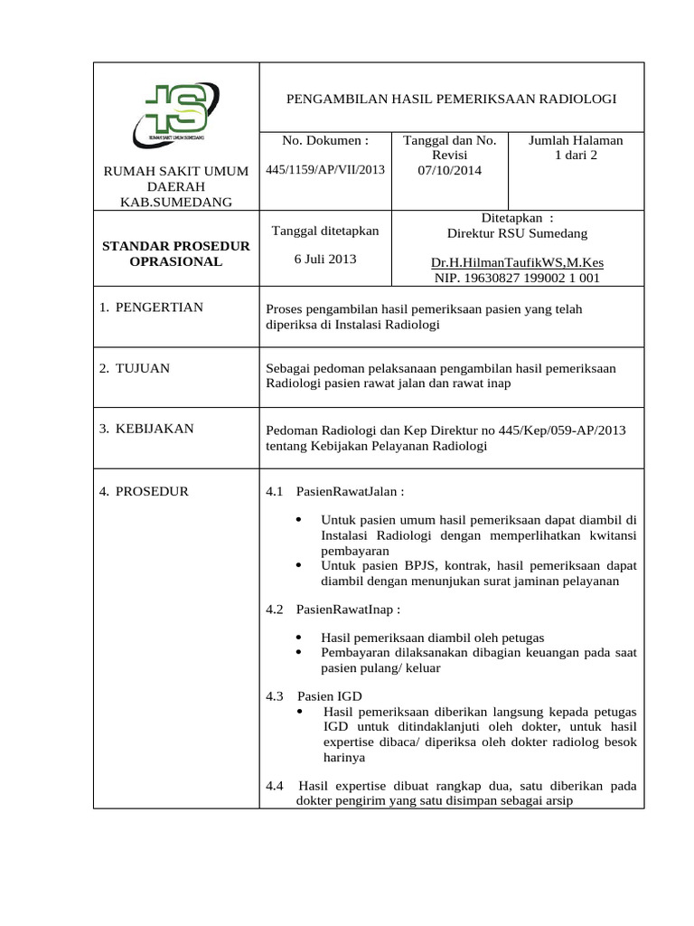 Pengambilan Hasil Pemeriksaan Radiologi | PDF