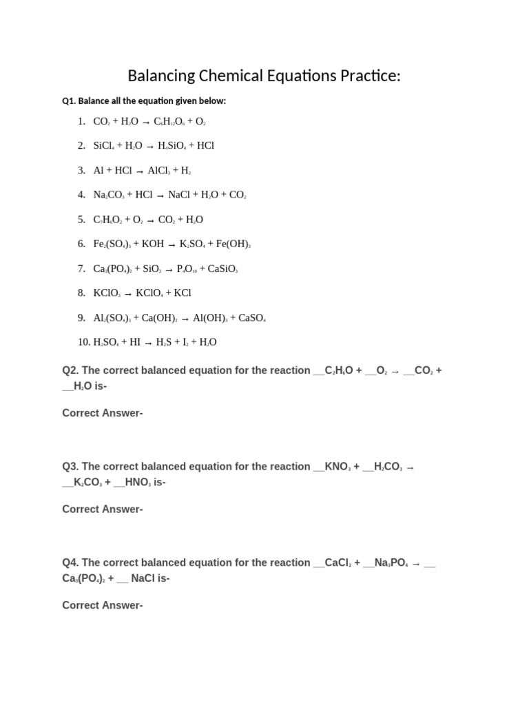 Balancing Chemical Equations Practice | PDF
