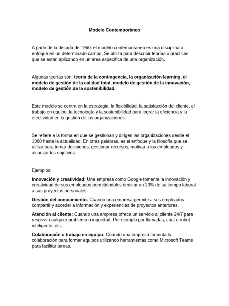 Modelo Contemporáneo en Gestión Organizacional | PDF