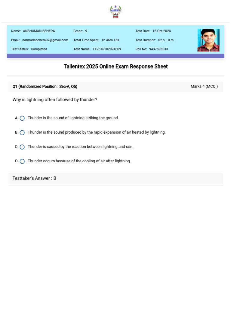 Tallentex 2025 Exam Response Sheet | PDF | Meiosis | Sexual Reproduction