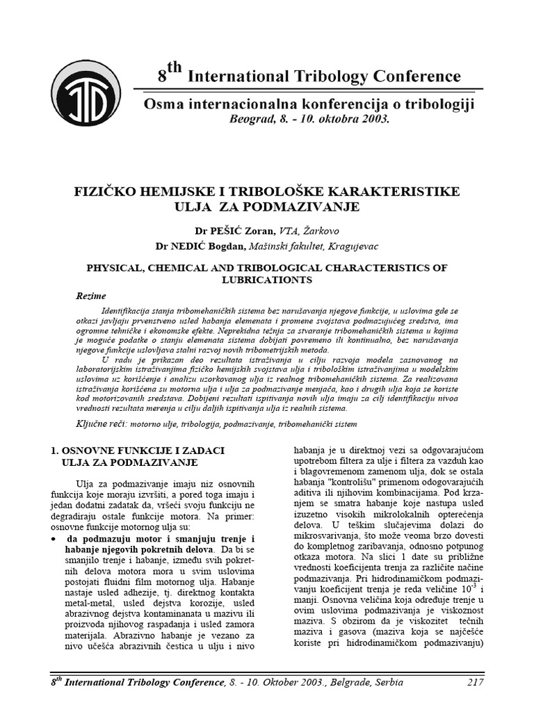 Fizi Ko Hemijske I Tribološke Karakteristike Ulja Za Podmazivanje | PDF