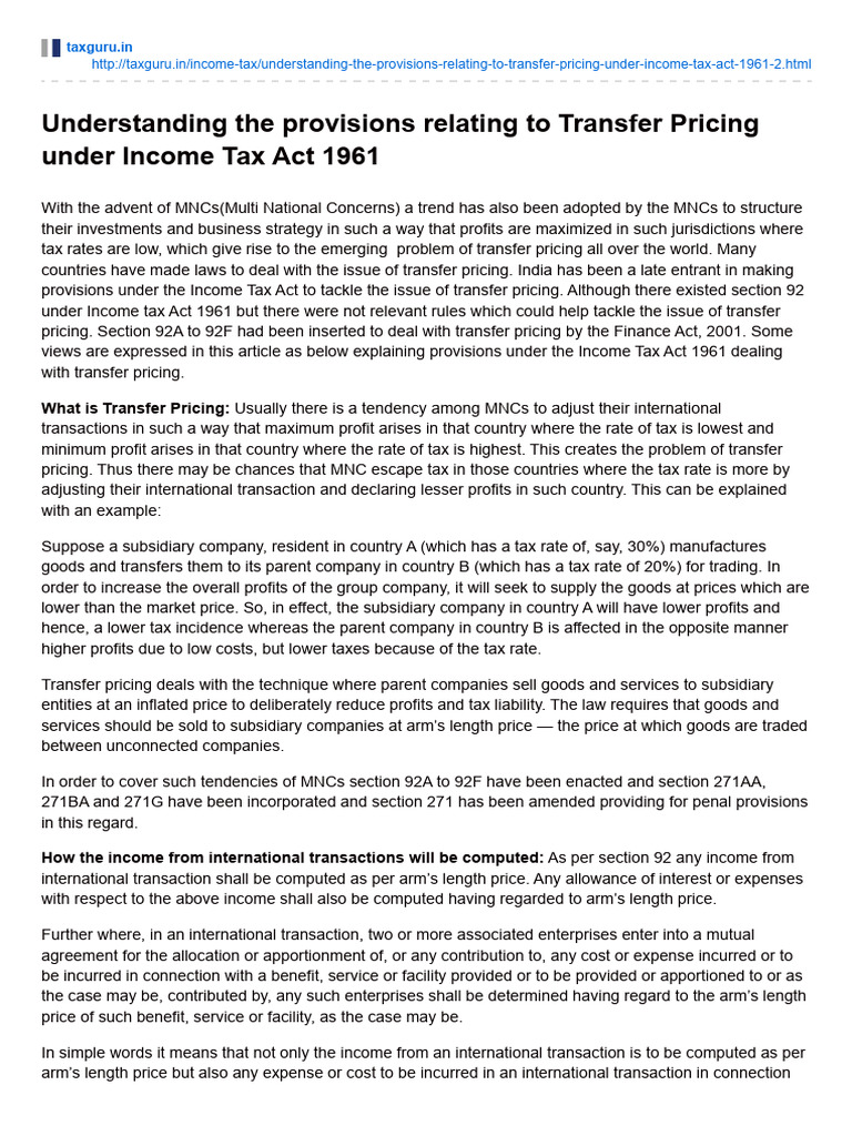 Understanding The Provisions Relating To Transfer Pricing Under Income ...