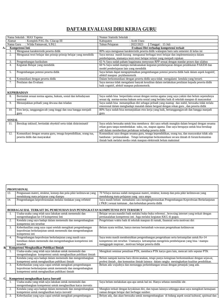 Evaluasi Diri Kerja Guru (Ok) | PDF