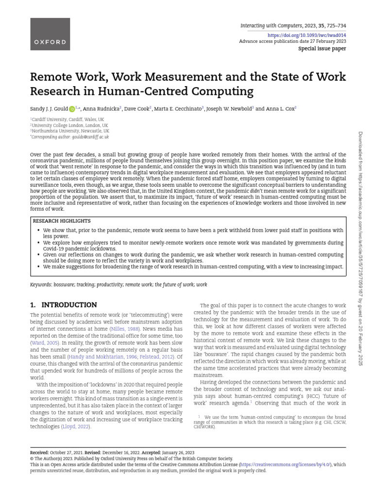 Remote Work, Work Measurement and The State of Work Research in Human ...