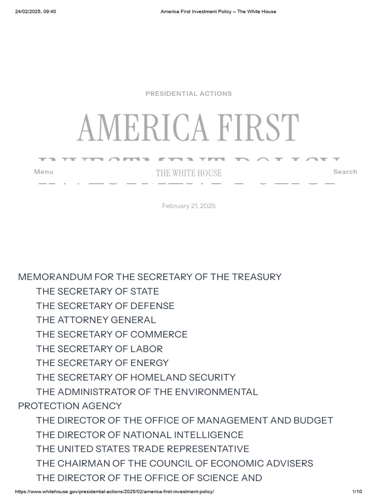 America First Investment Policy - The White House | PDF | Investing ...