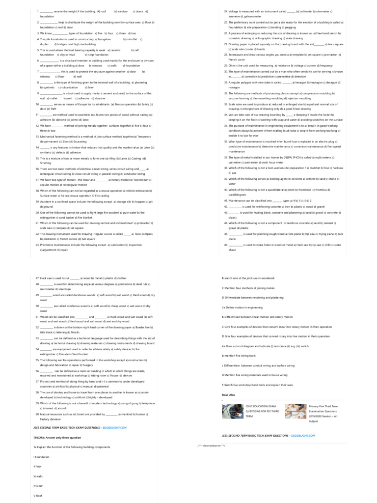 Basic Tech Exam Questions For JSS3 Second Term | PDF | Electrical Wiring | Wood