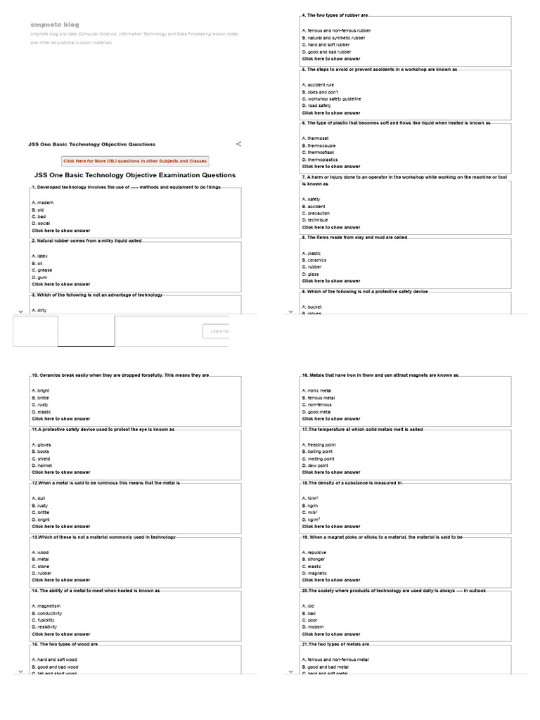 JSS One Basic Technology Objective Questions | PDF | Metals | Natural ...