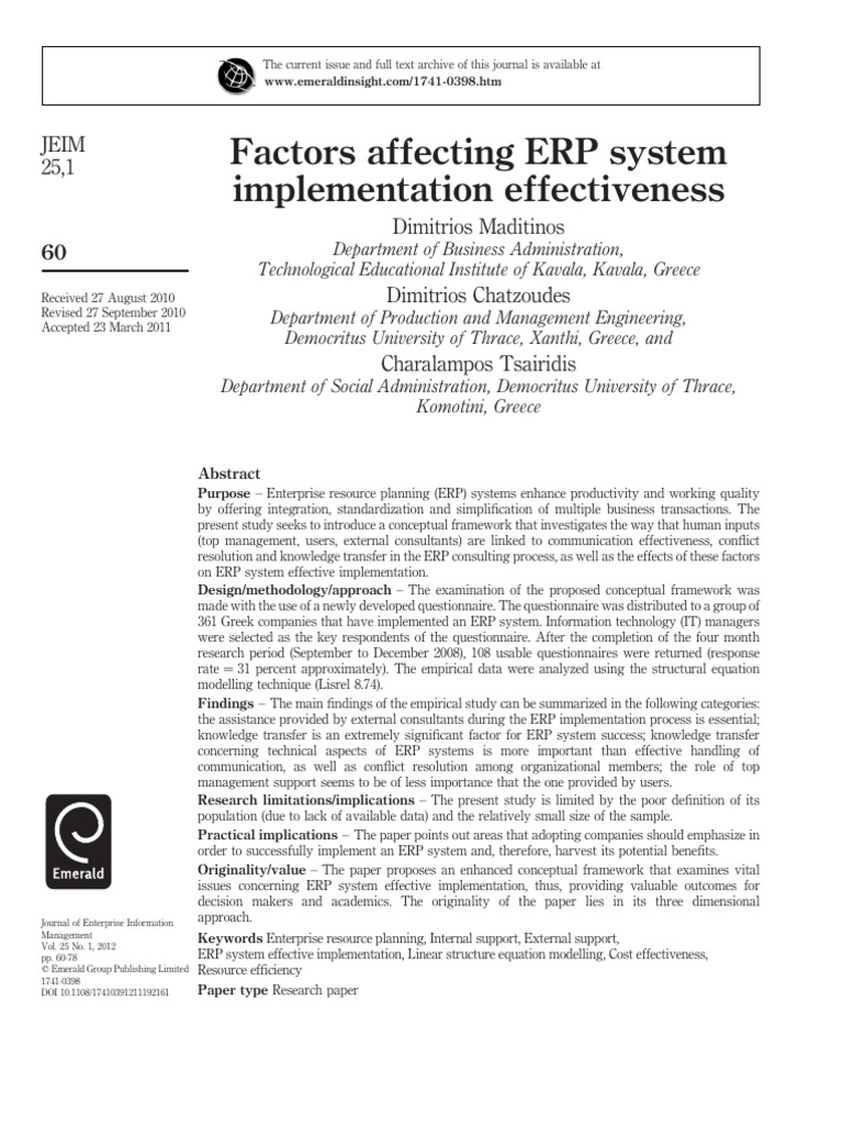 Factors Influencing ERP Implementation Success | PDF