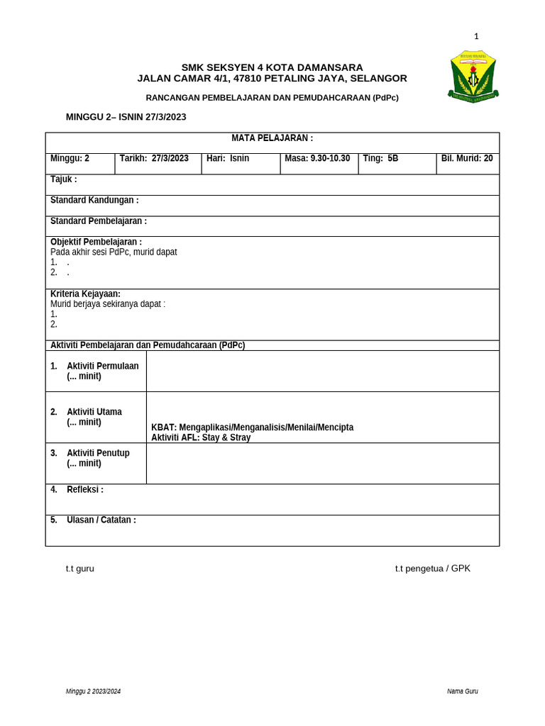 TEMPLAT RPH 2023 Kosong | PDF