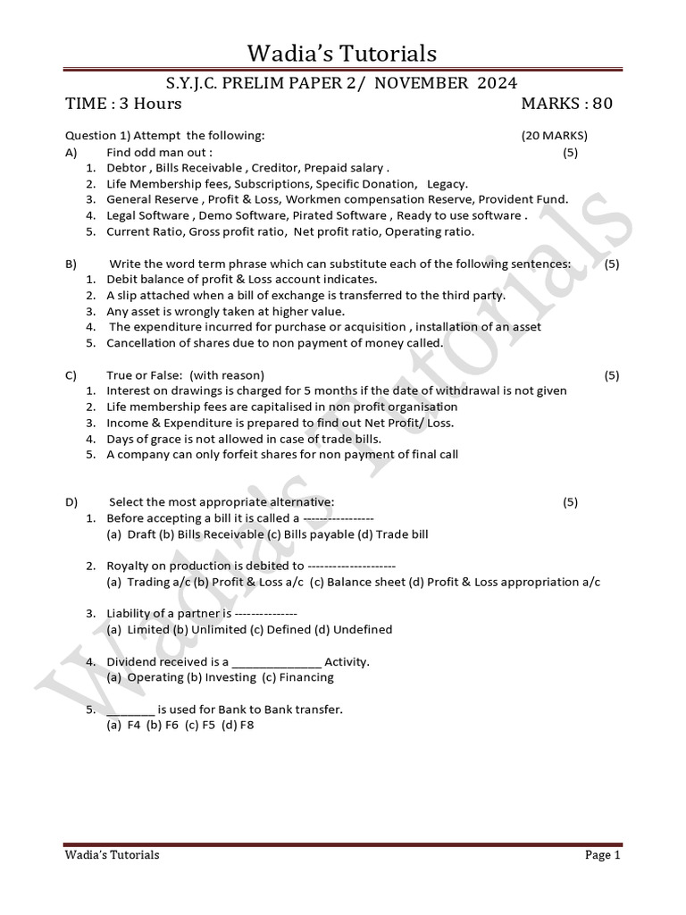 SYJC Prelim Paper 2 | PDF | Balance Sheet | Debits And Credits