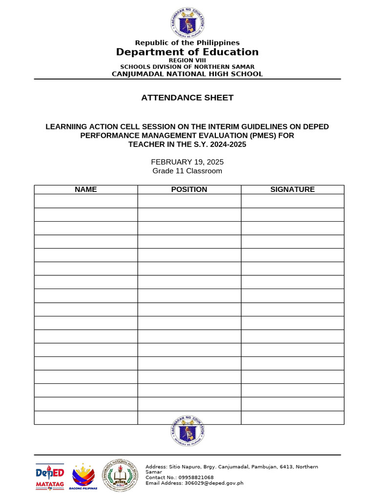 Attendance Sheet for DepEd PMES Session | PDF