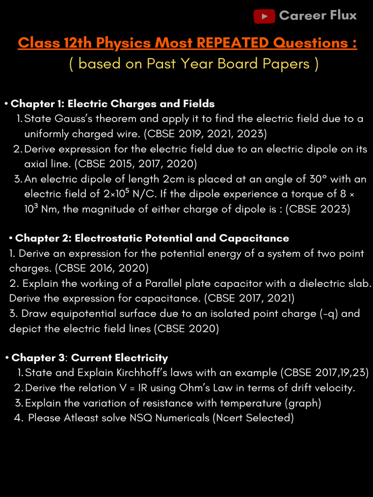 Class 12 Physics: Key Repeated Questions | PDF | Electromagnetic ...