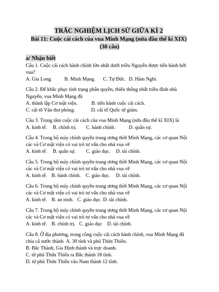 ĐÁP ÁN TN ÔN SỬ 11 gk2 | PDF