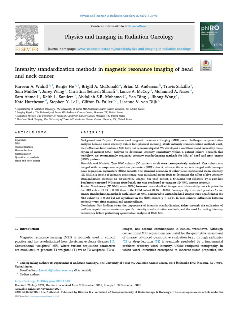 MRI Intensity Standardization in HNC | PDF | Magnetic Resonance Imaging ...