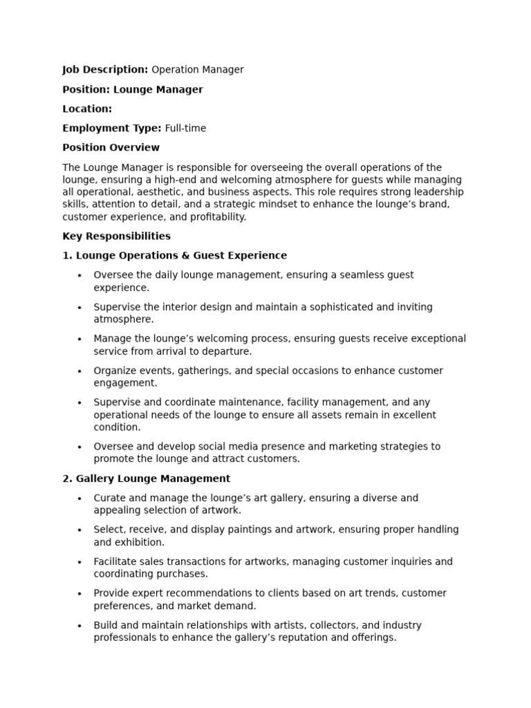 Operation manager Job Description | PDF