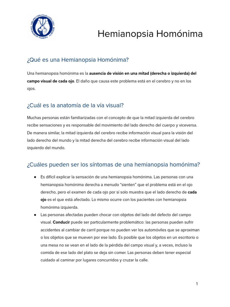 Homonymous Hemianopsia Espanol | PDF | Percepción visual | Carrera